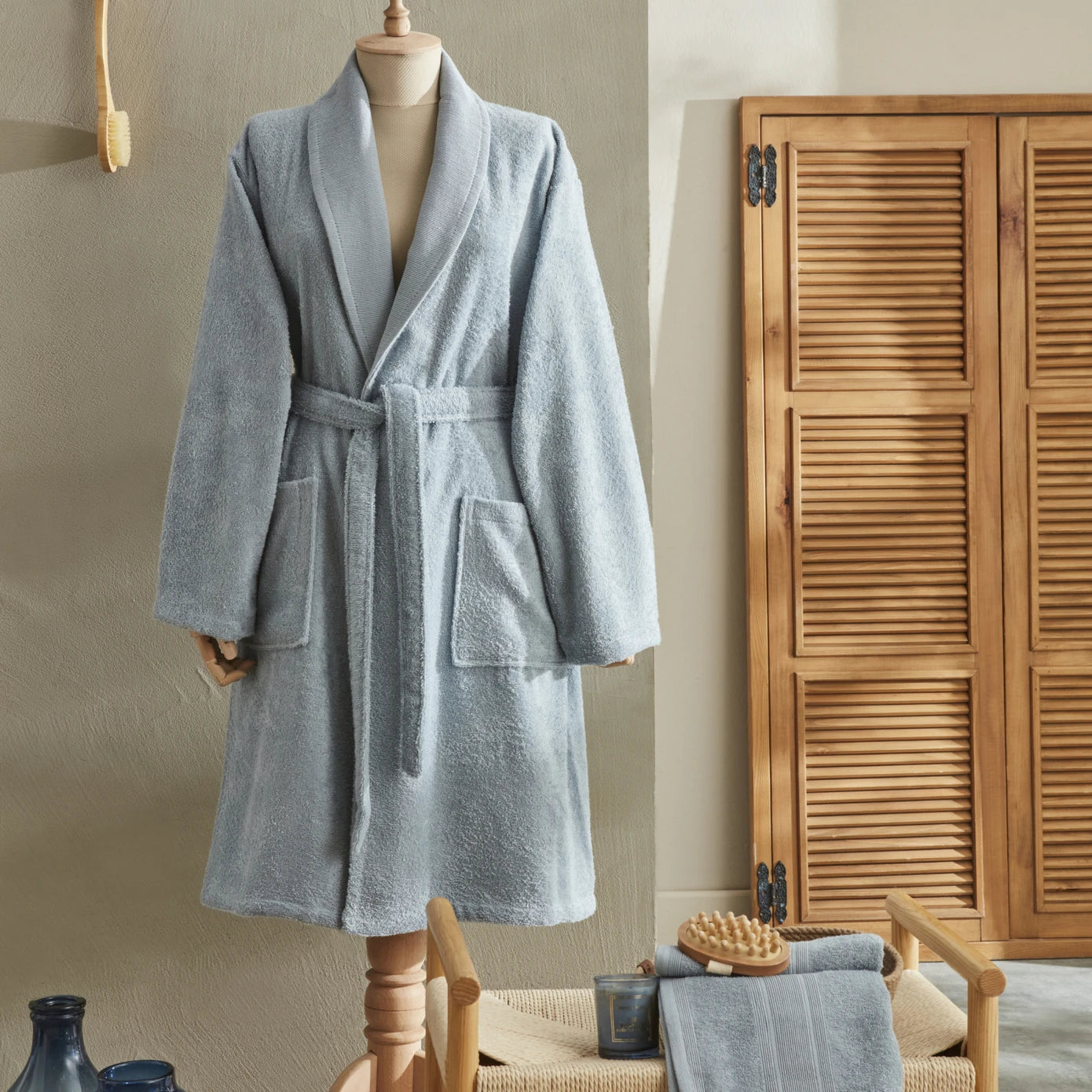 Karaca Home Andy 2-Piece 100% Turkish Cotton Bathrobe Set, L/XL, Blue