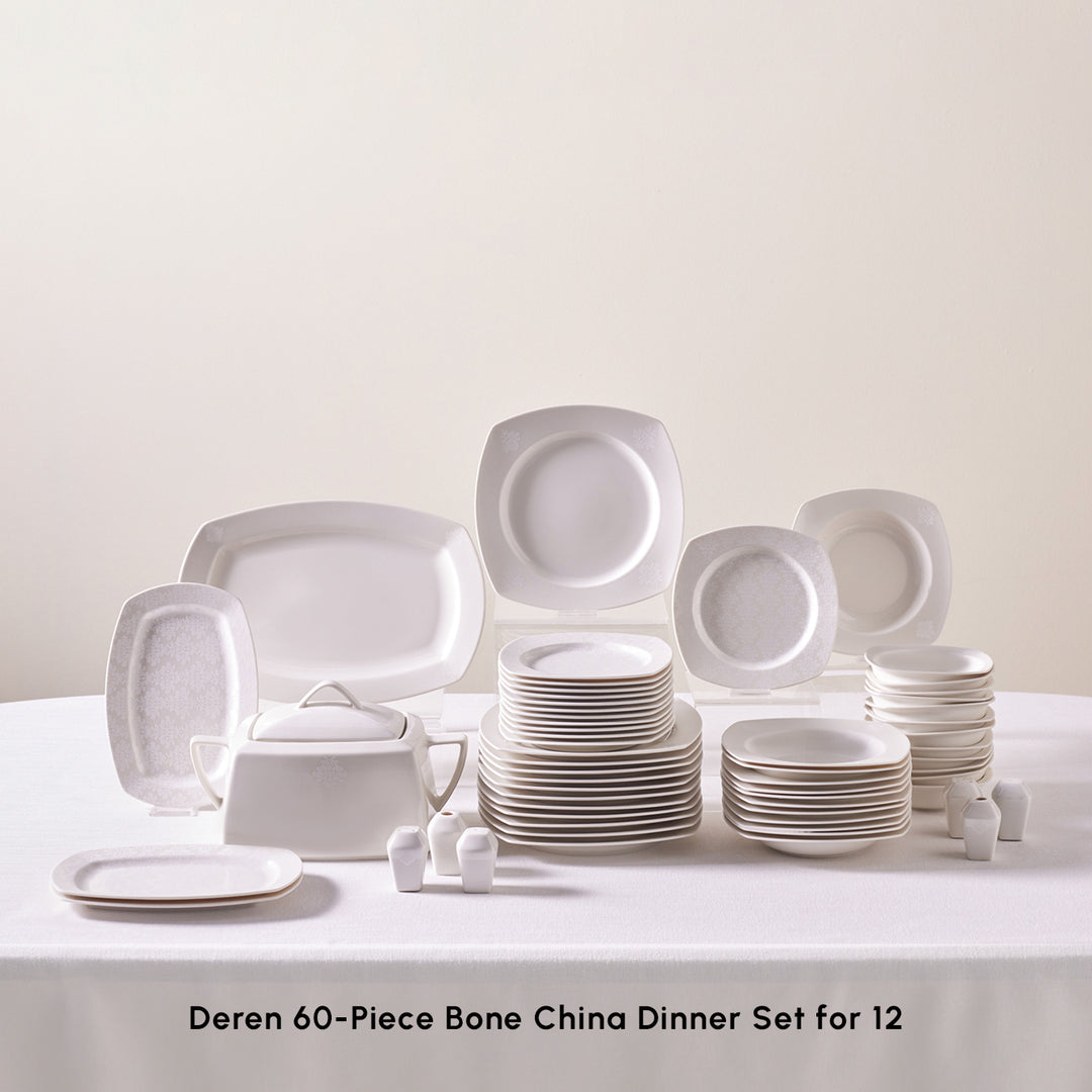 Karaca Deren 60-Piece Porcelain Dinner Set for 12 People, White