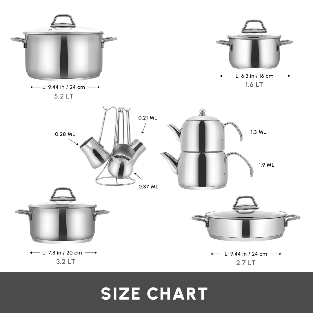 Karaca Belgrad 15-Piece Complete Stainless Steel Kitchen Cookware Set,