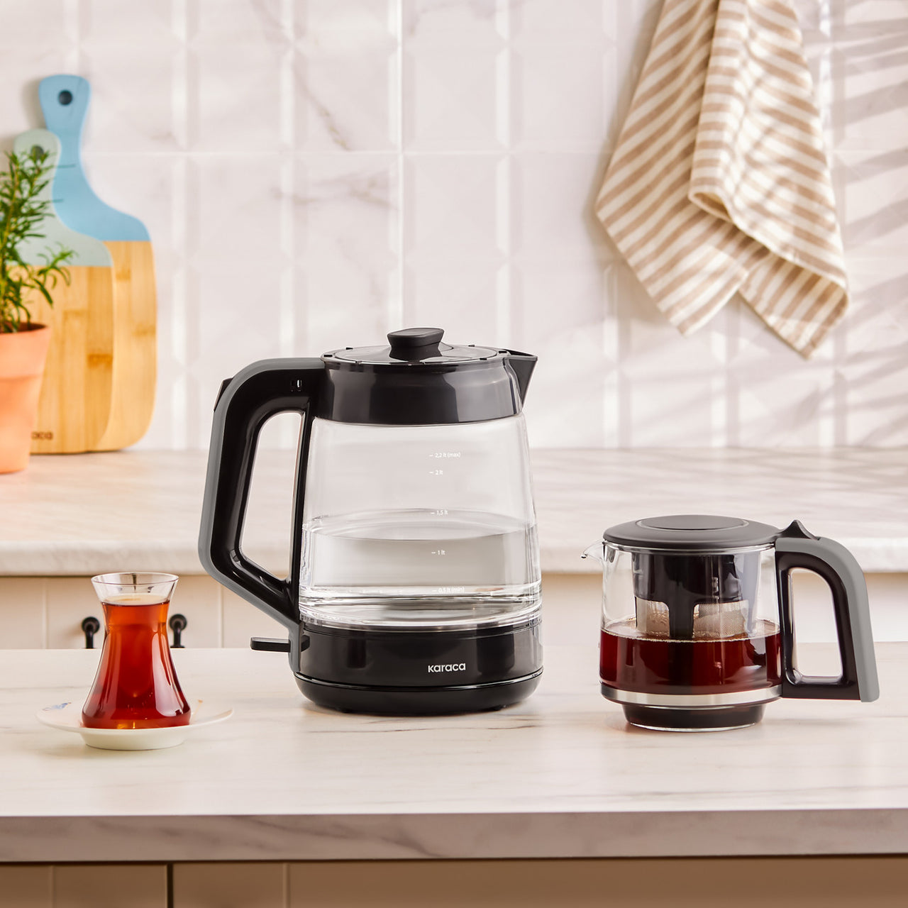 Karaca Glass Tea XL 2 in 1 Glass Tea Maker, 1900W, Space Grey