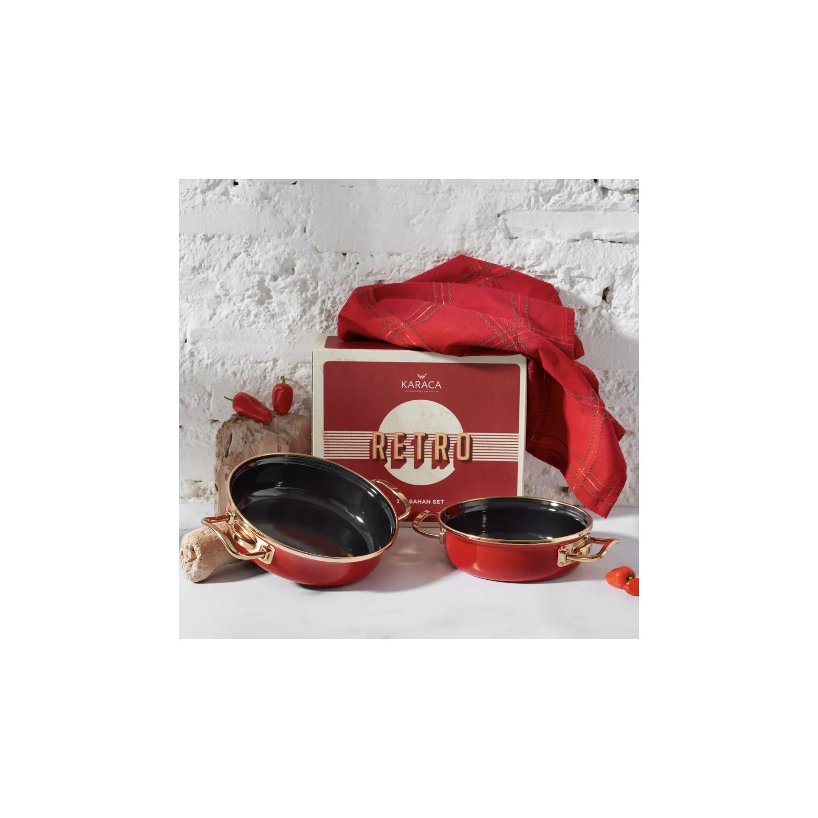 Karaca Retro Enamel Induction Shallow Stock Pot Set, 2 Piece, Red Gold
