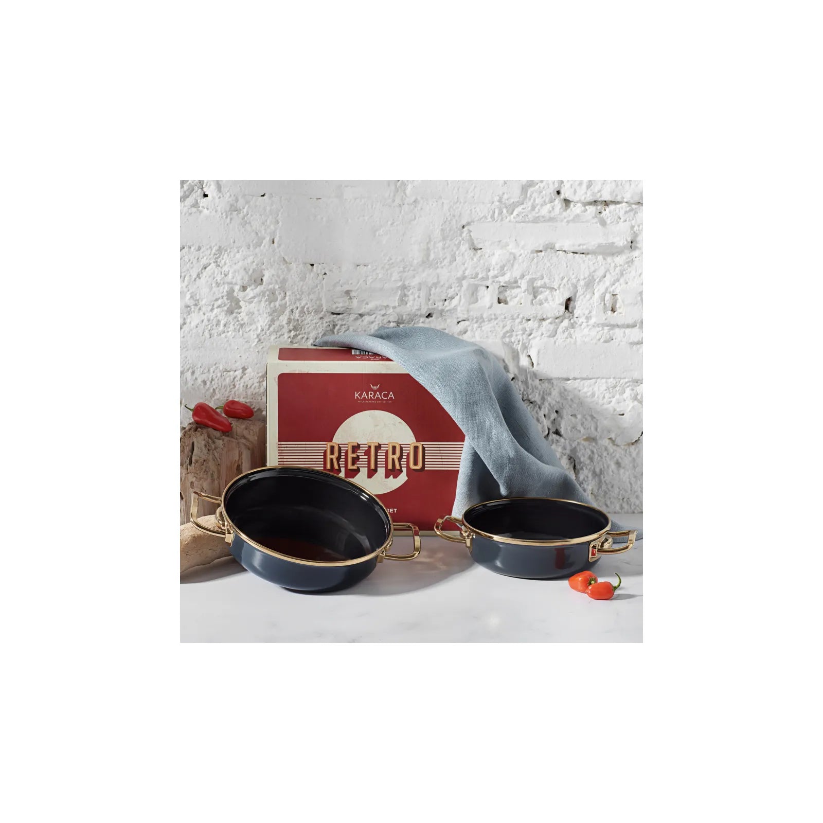 Karaca Retro Enamel Induction Shallow Stock Pot Set, 2 Piece, Anthraci