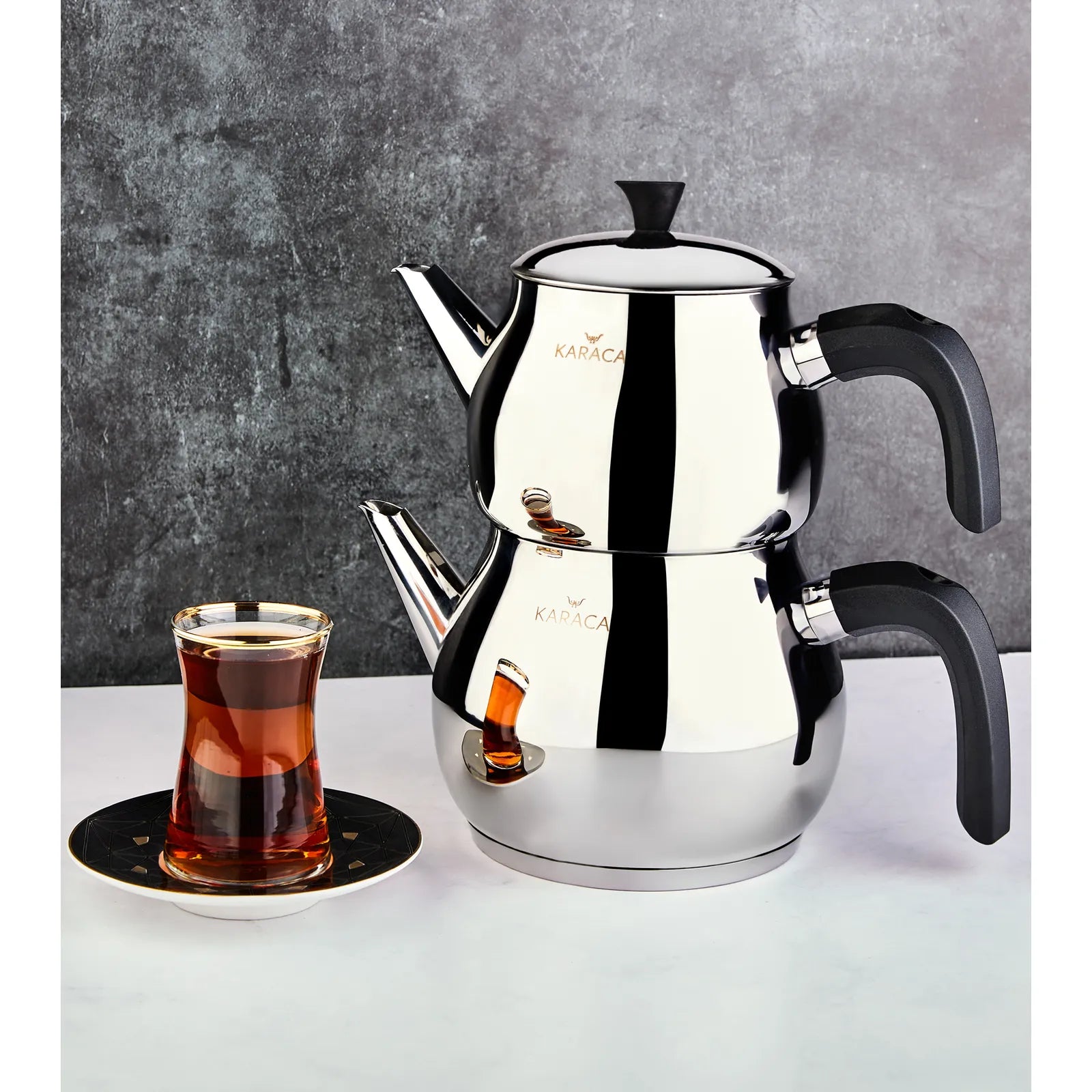 Karaca Kayra Stainless Steel Induction Teapot Set, Medium, Black Silve