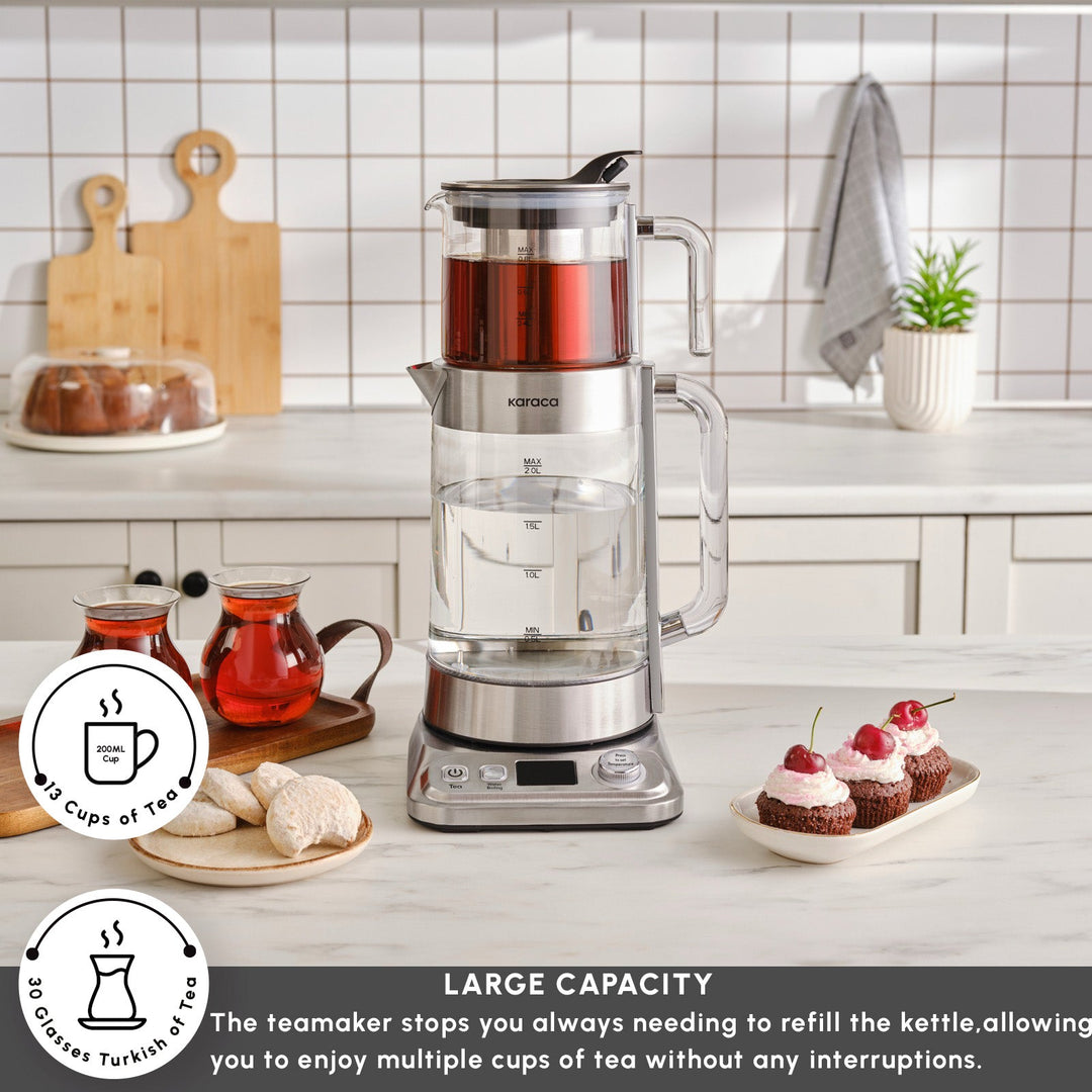 Karaca x by Refika XL Glass Tea Maker and Kettle, 2200W, 2,8L, Inox