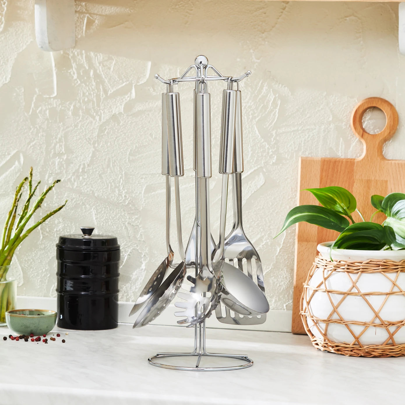 Karaca Chef 6 Piece Stainless Steel Kitchen Utensil Set with Stand, Si