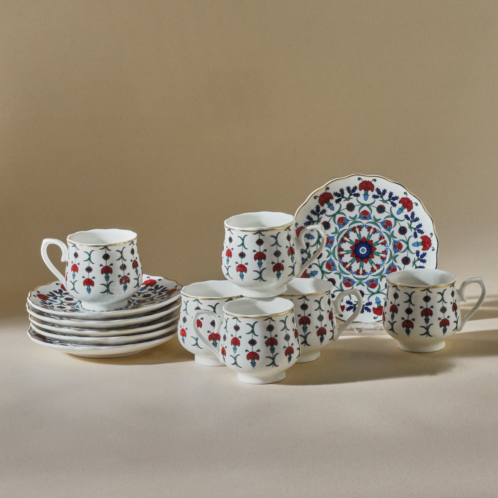 Karaca Ebruli 12-Piece Bone China Espresso Turkish Coffee Cup Set for