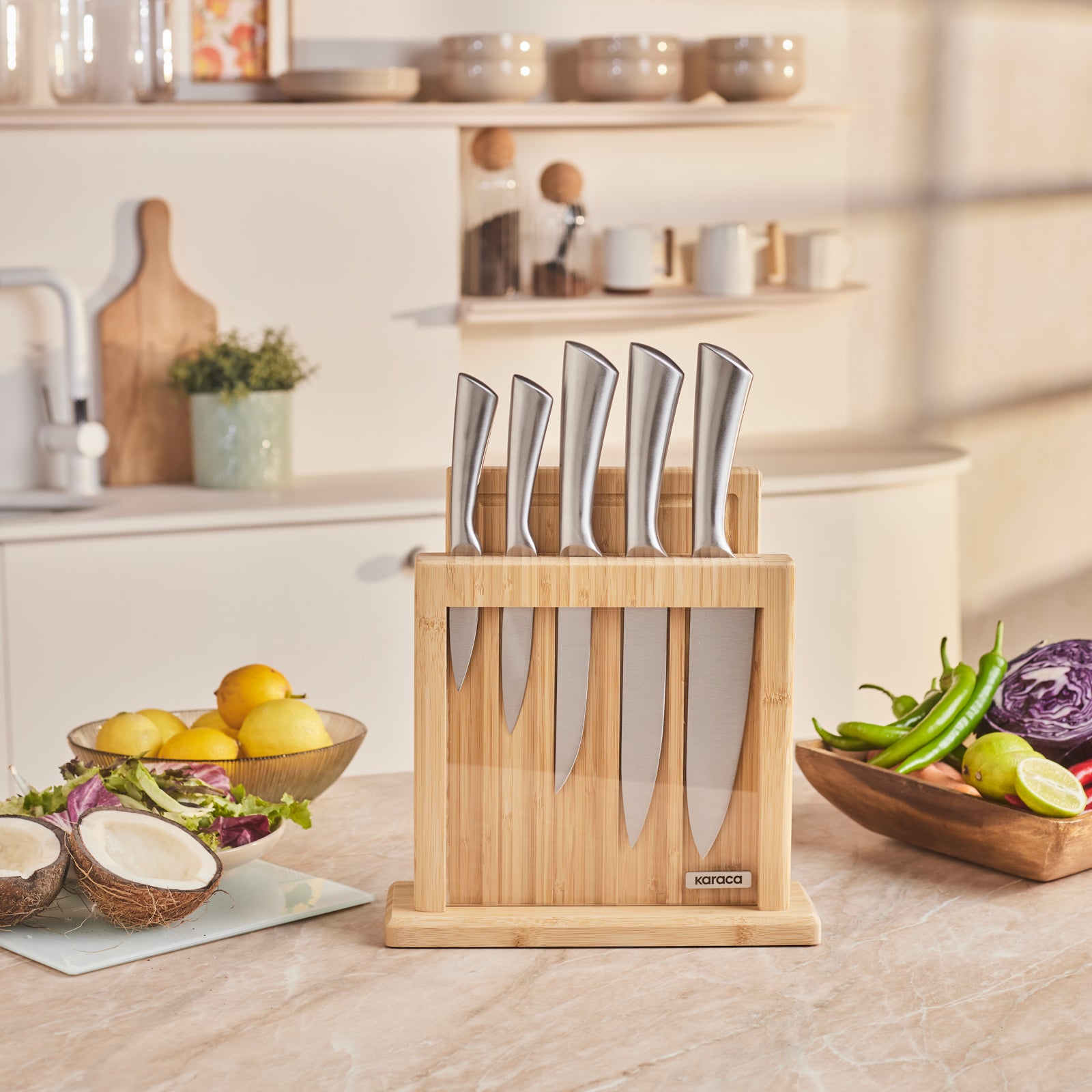 Karaca Vigor 7-Piece Knife Set and Chopping Board, Wood