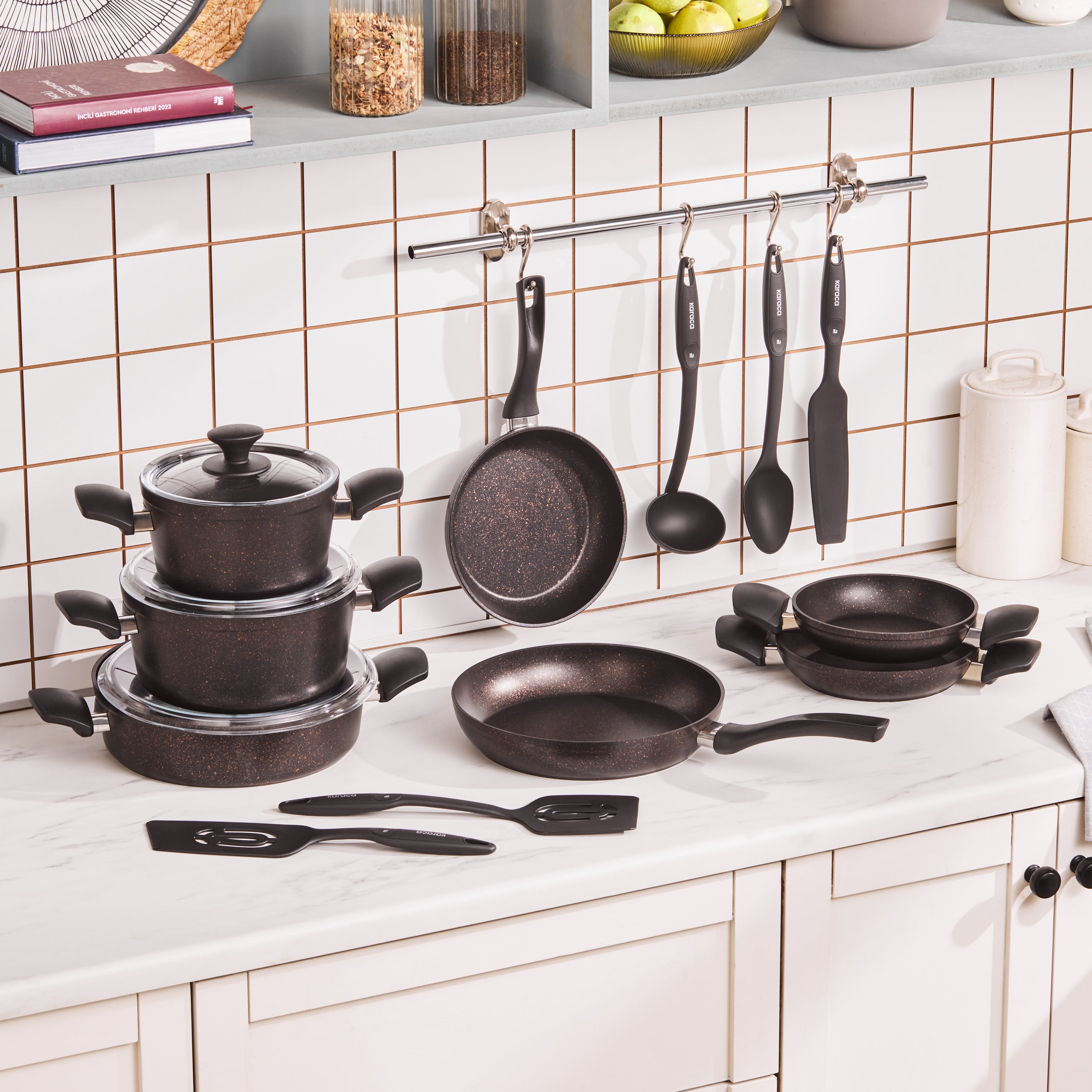 Karaca Blackgold Biogranite 15-Piece Induction Cookware Set, Black Gol