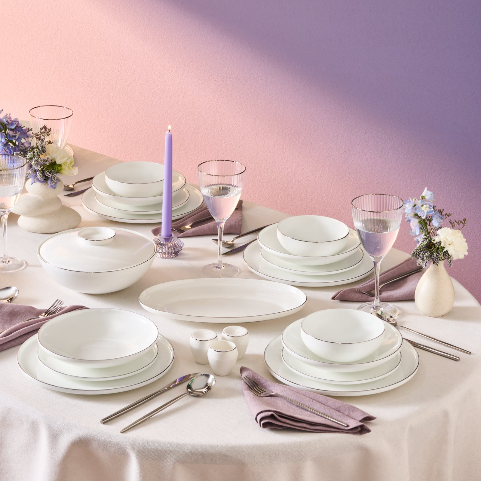 Karaca Fine Bone New Meridian 55-Piece Dinner Set for 12 People, Plati
