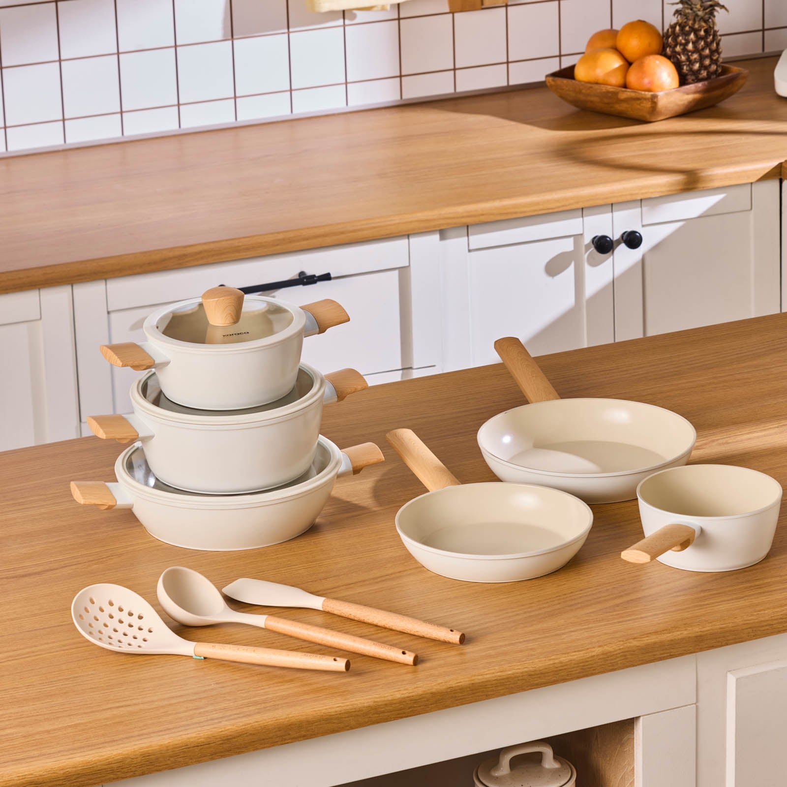 Karaca Swiss Crystal Almond Cream 12-Piece Non-Stick Induction Ceramic