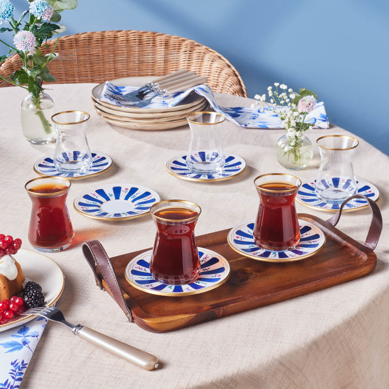 Karaca Bursa 12-Piece Glass Turkish Tea Set for 6 People, 132ml, Navy