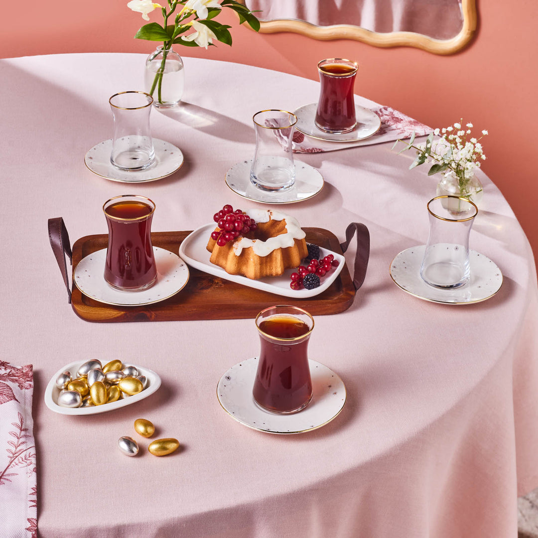 Karaca Fleur 12-Piece Glass Turkish Tea Set for 6 People, 170ml, Gold