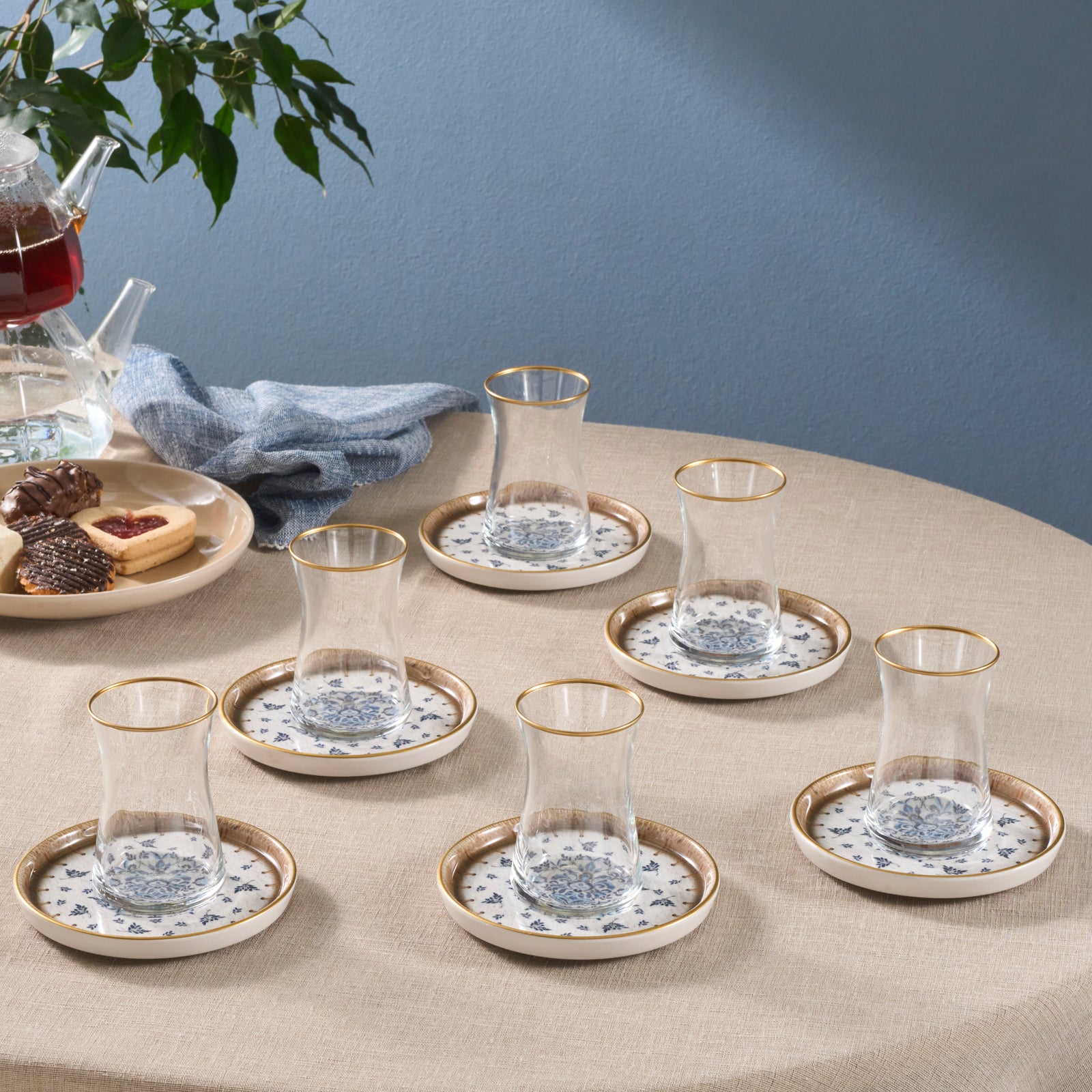 Karaca Elena 12-Piece Glass Turkish Tea Set for 6 People, 170ml, Multi