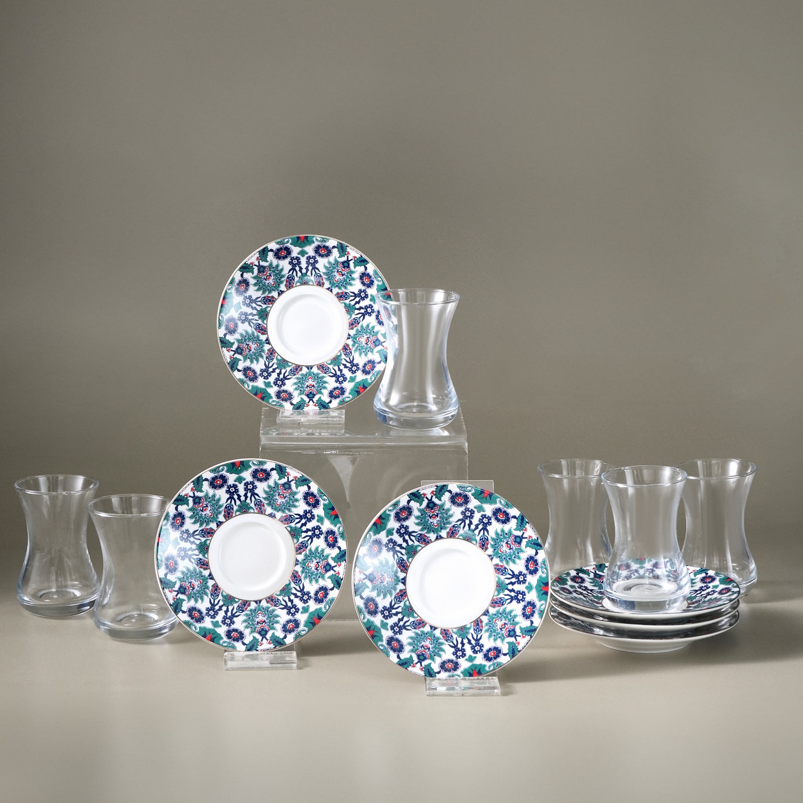 Karaca Edirne 12-Piece Bone China Turkish Tea Set for 6 People, 130ml,