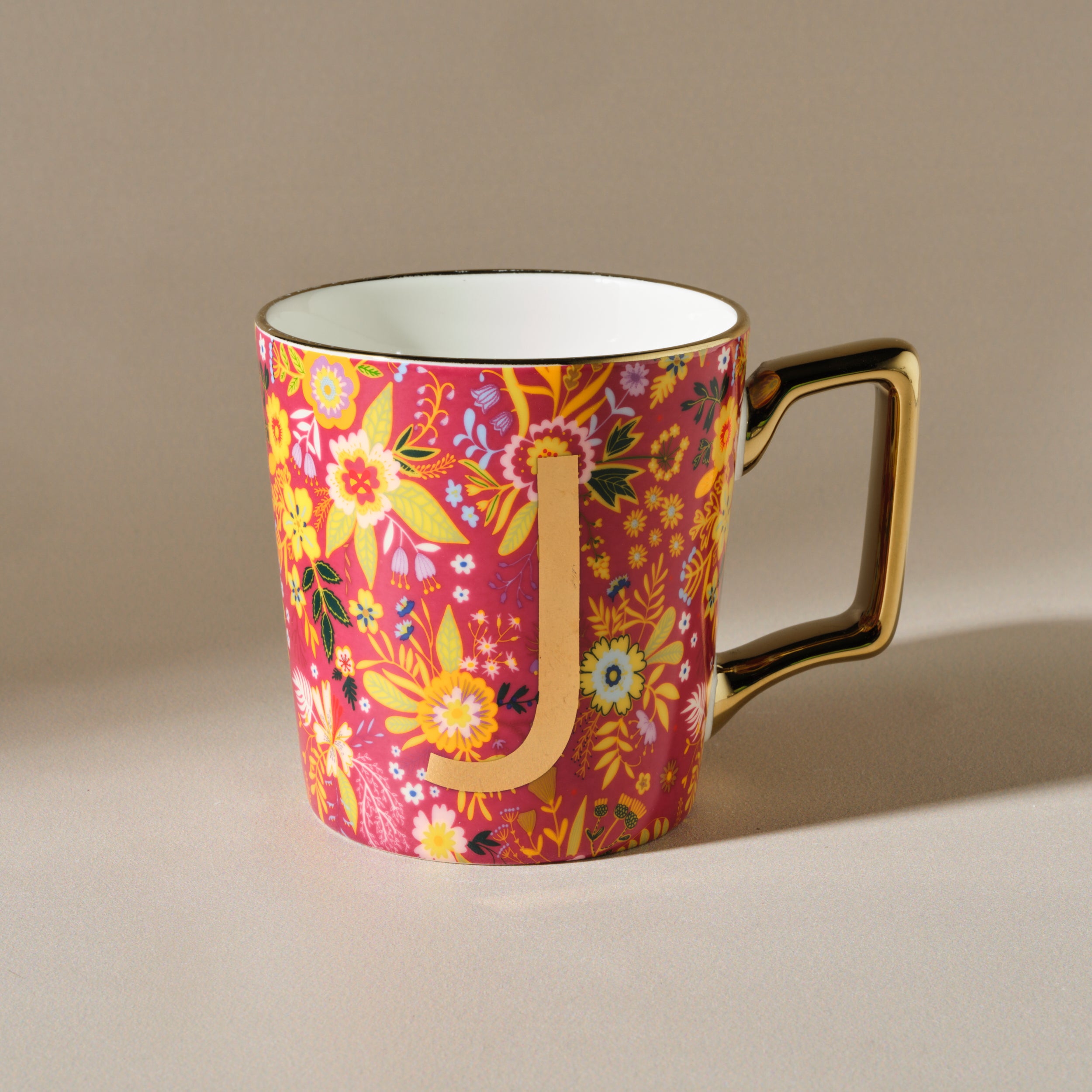 Karaca Flower Porcelain Letter J Mug, 350ml, Multi