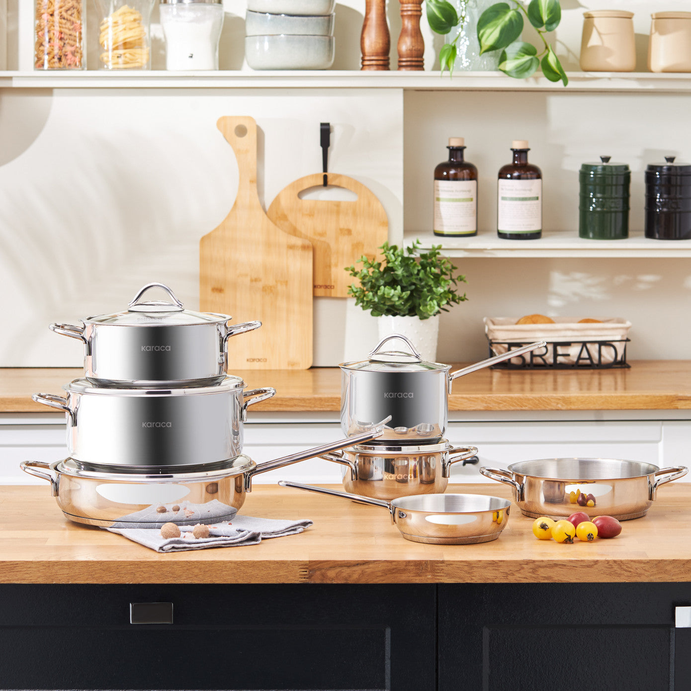 Karaca Ada 7-Piece Stainless Steel Induction Cookware Set, Silver