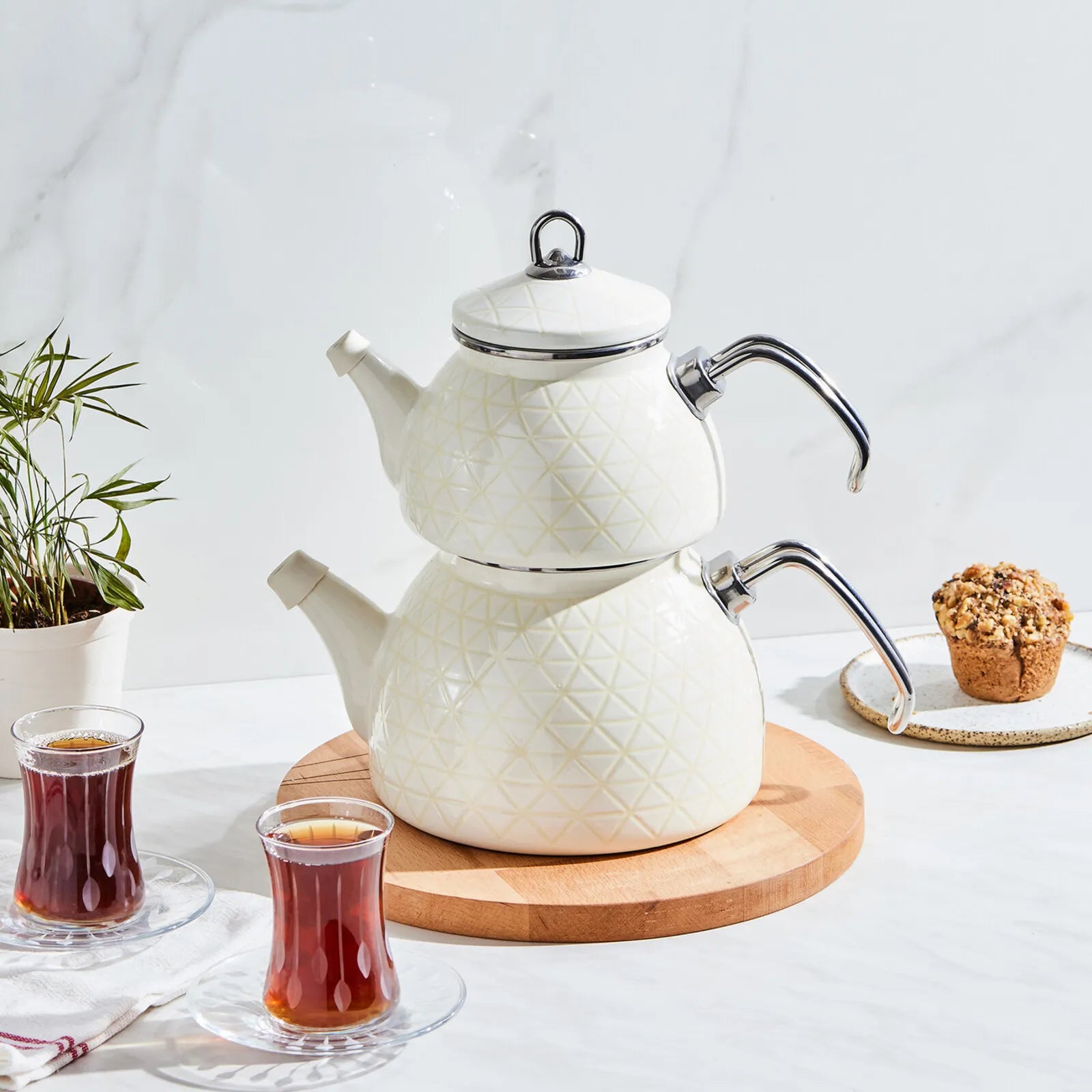 Karaca Kristal Enamel Induction Teapot Set, Cream Silver