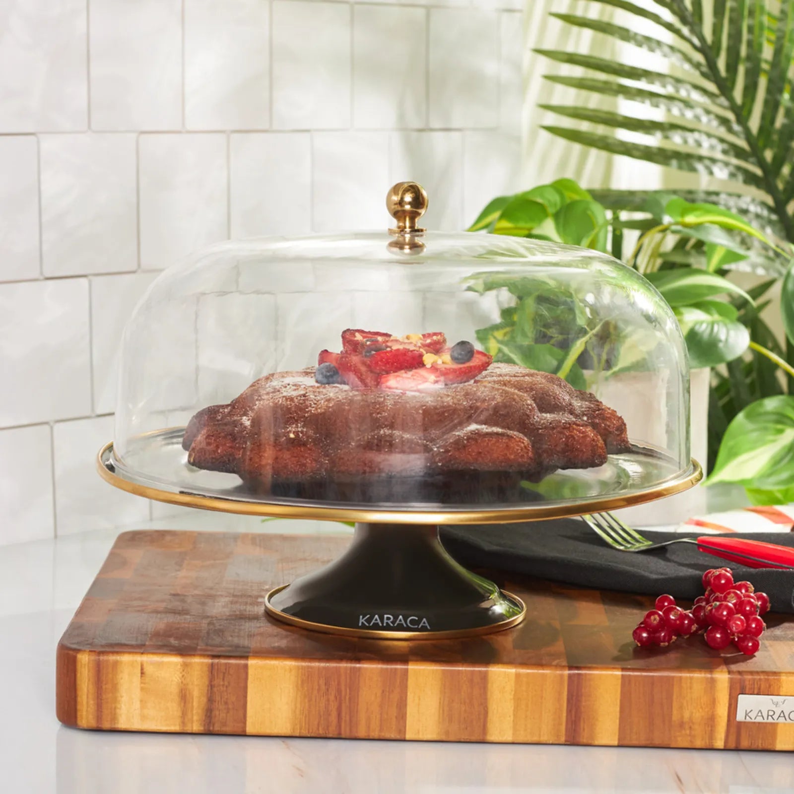 Karaca Troy Enamel Induction Cake Stand with Dome, 30cm, Black Gold Tr