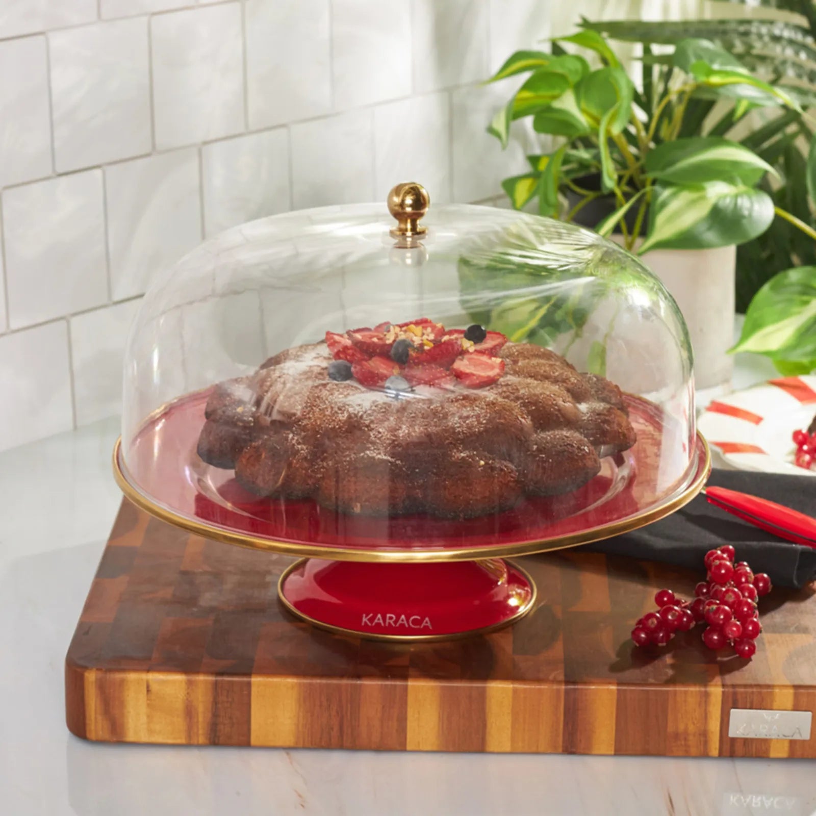 Karaca Troy Enamel Induction Cake Stand with Dome, 30cm, Red Gold Tran