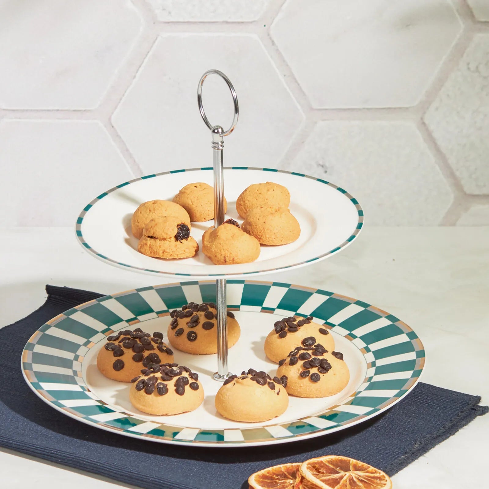 Karaca Aries Porcelain 2-Tier Cake Stand, 27cm, Green Multi