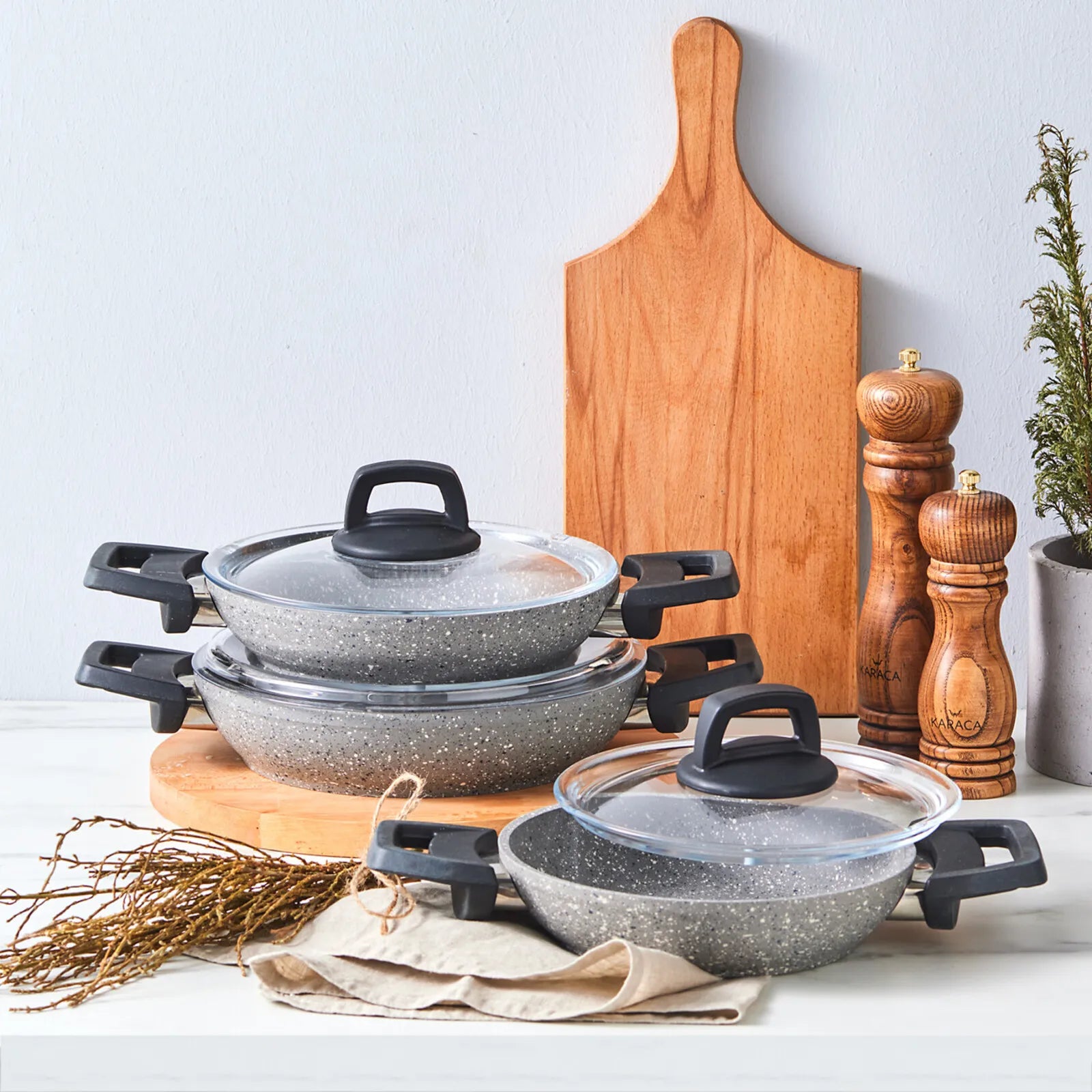 Karaca Hira Biogranite Shallow Stock Pot Set, 6 Piece, Grey