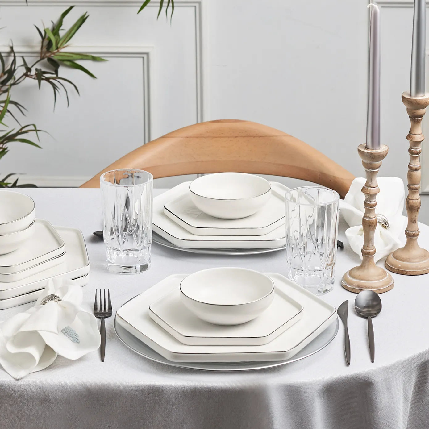 Karaca Streamline Geo 12-Piece Dinner Set for 4 People, White Platinum