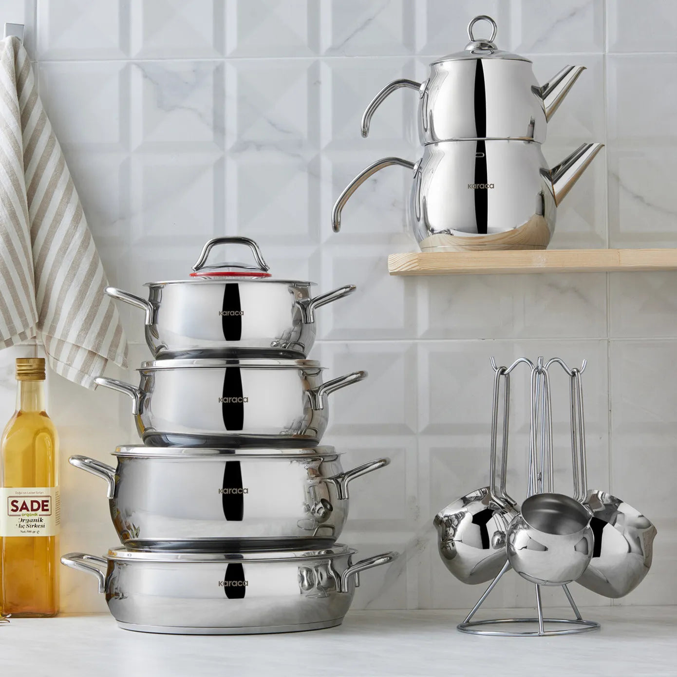 Karaca Aida 15-Piece Stainless Steel Induction Cookware Set with Teapo