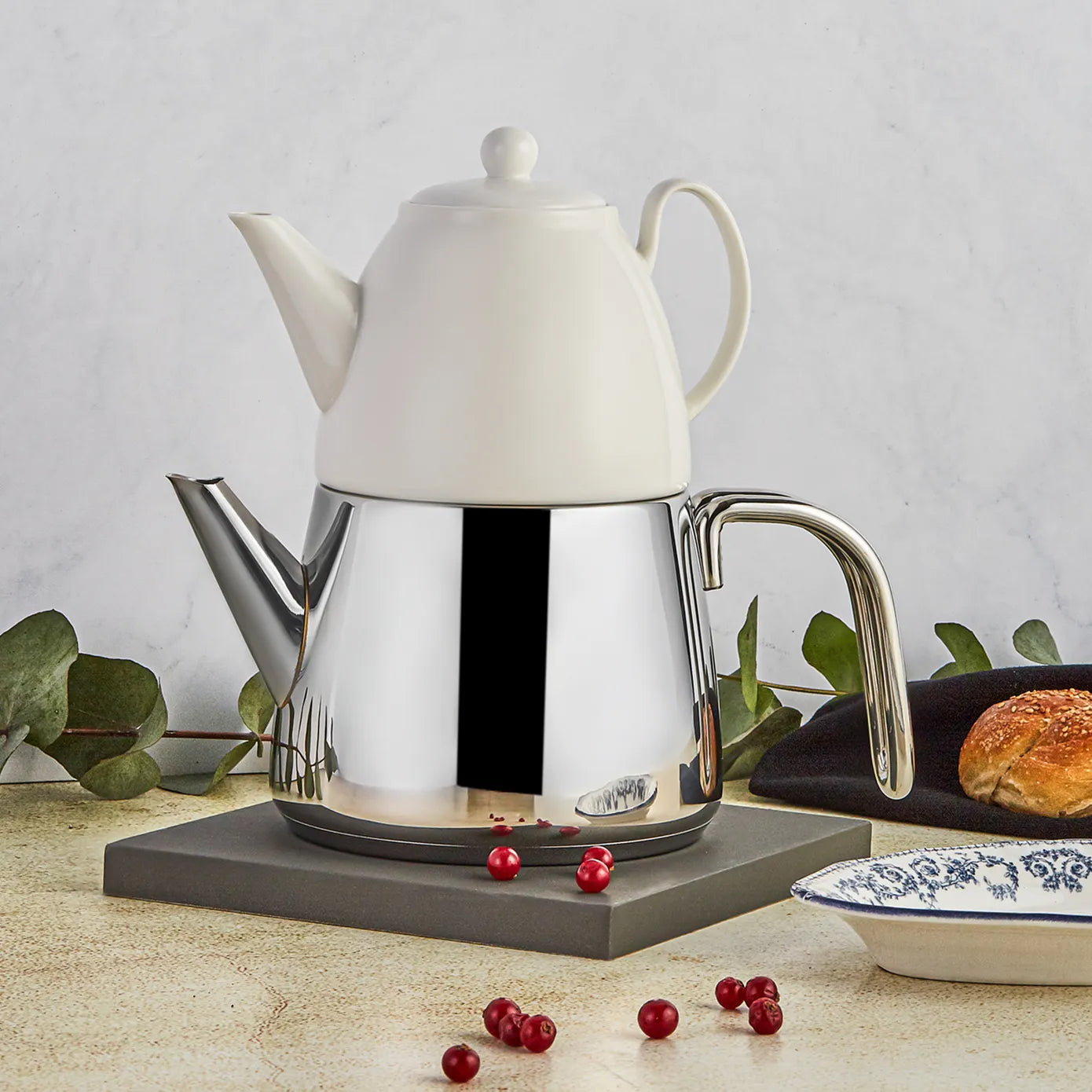 Karaca Ballena Induction Teapot Set, Silver White