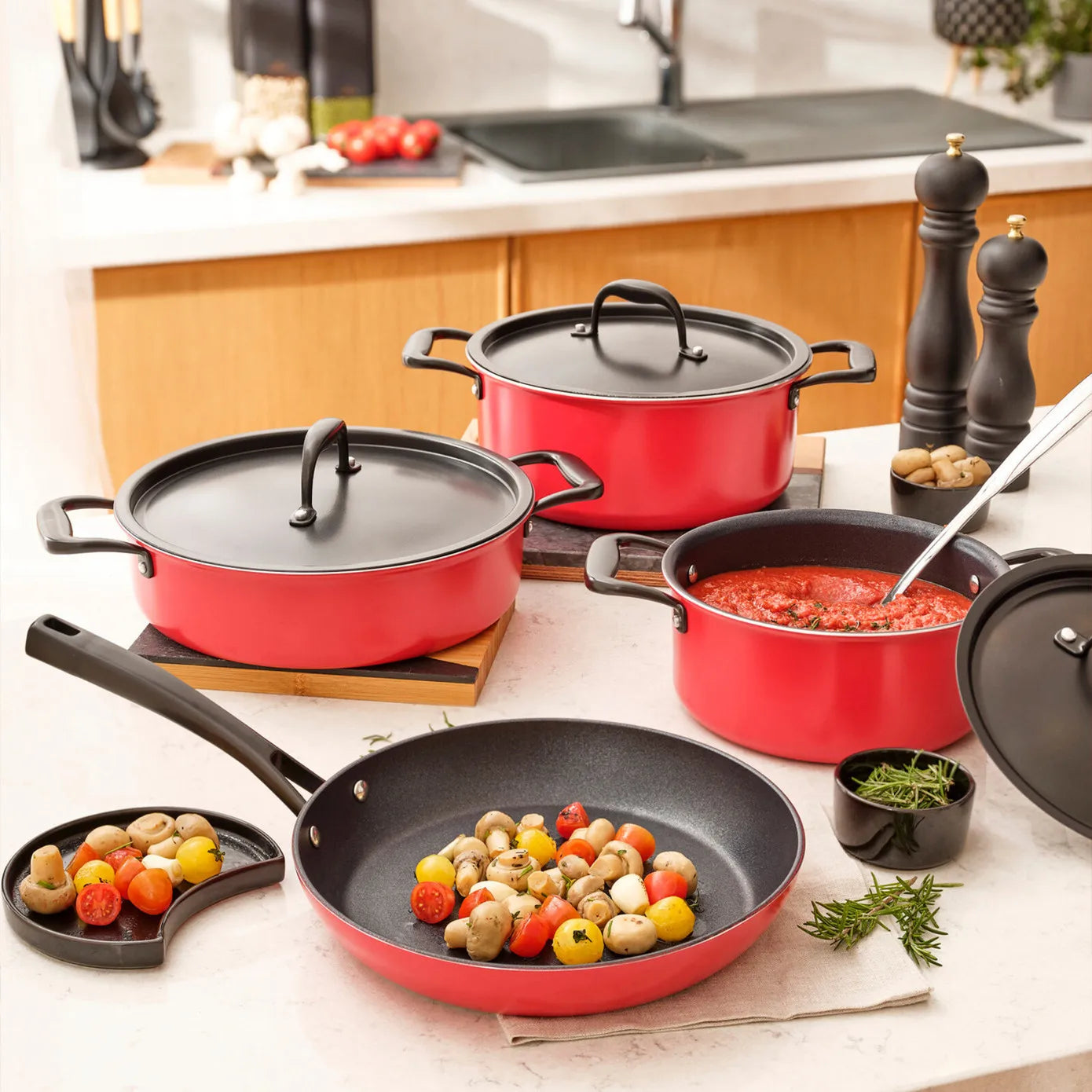 Karaca BioDiamond Pro 7-Piece Non-Stick Induction Cookware Set, Red Bl