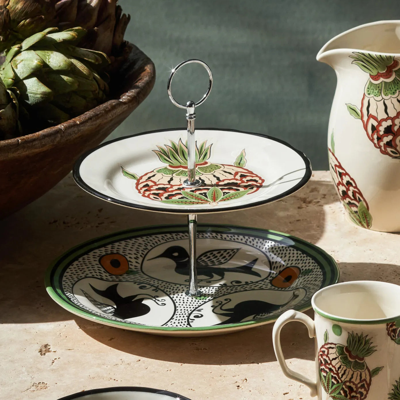 Karaca Paye Seljuk Collection Porcelain 2-Tier Cake Stand, 17cm, Green