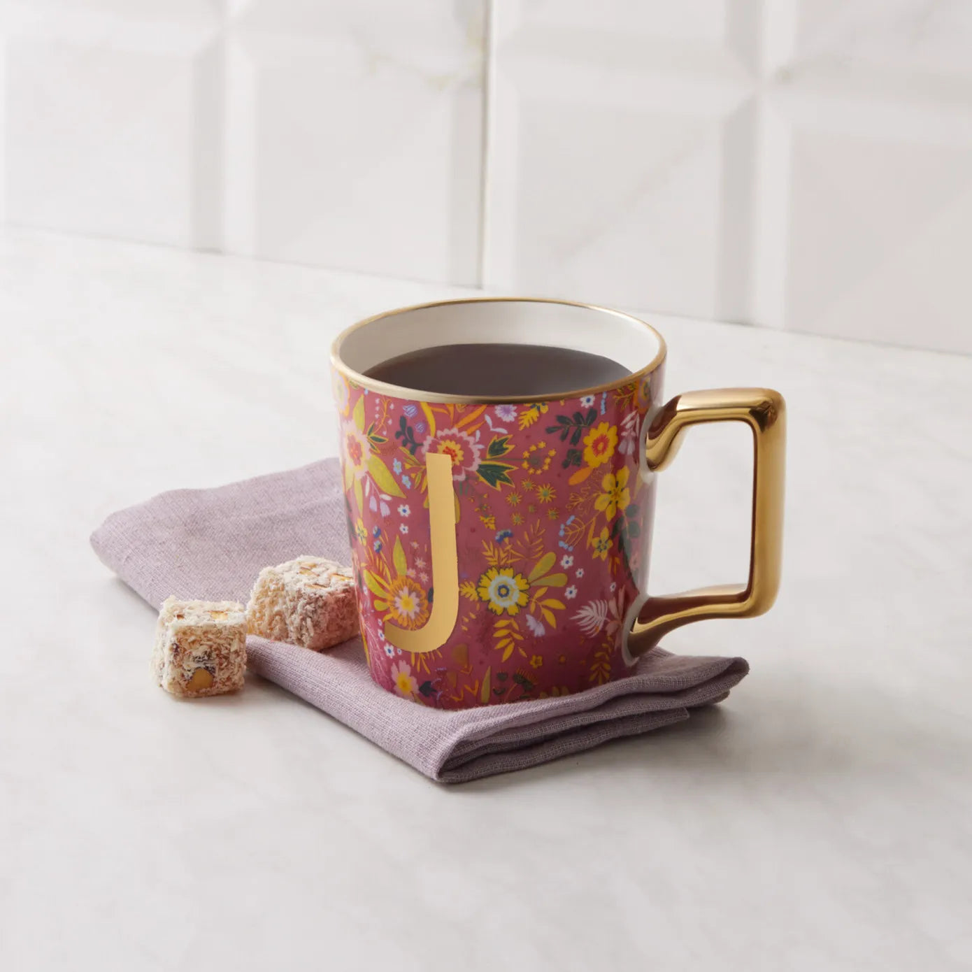 Karaca Flower Porcelain Letter J Mug, 350ml, Multi