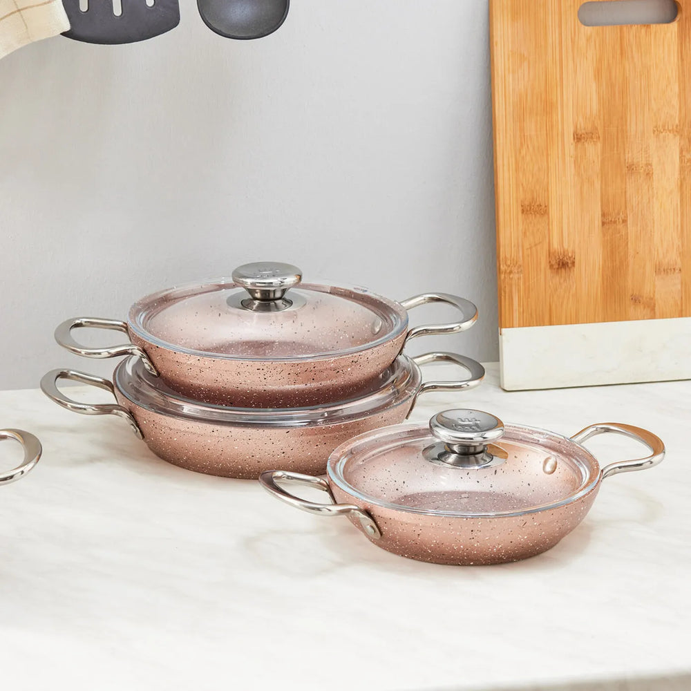 Karaca Ivy Biogranite Shallow Stock Pot Set, 6 Piece, Rose Silver