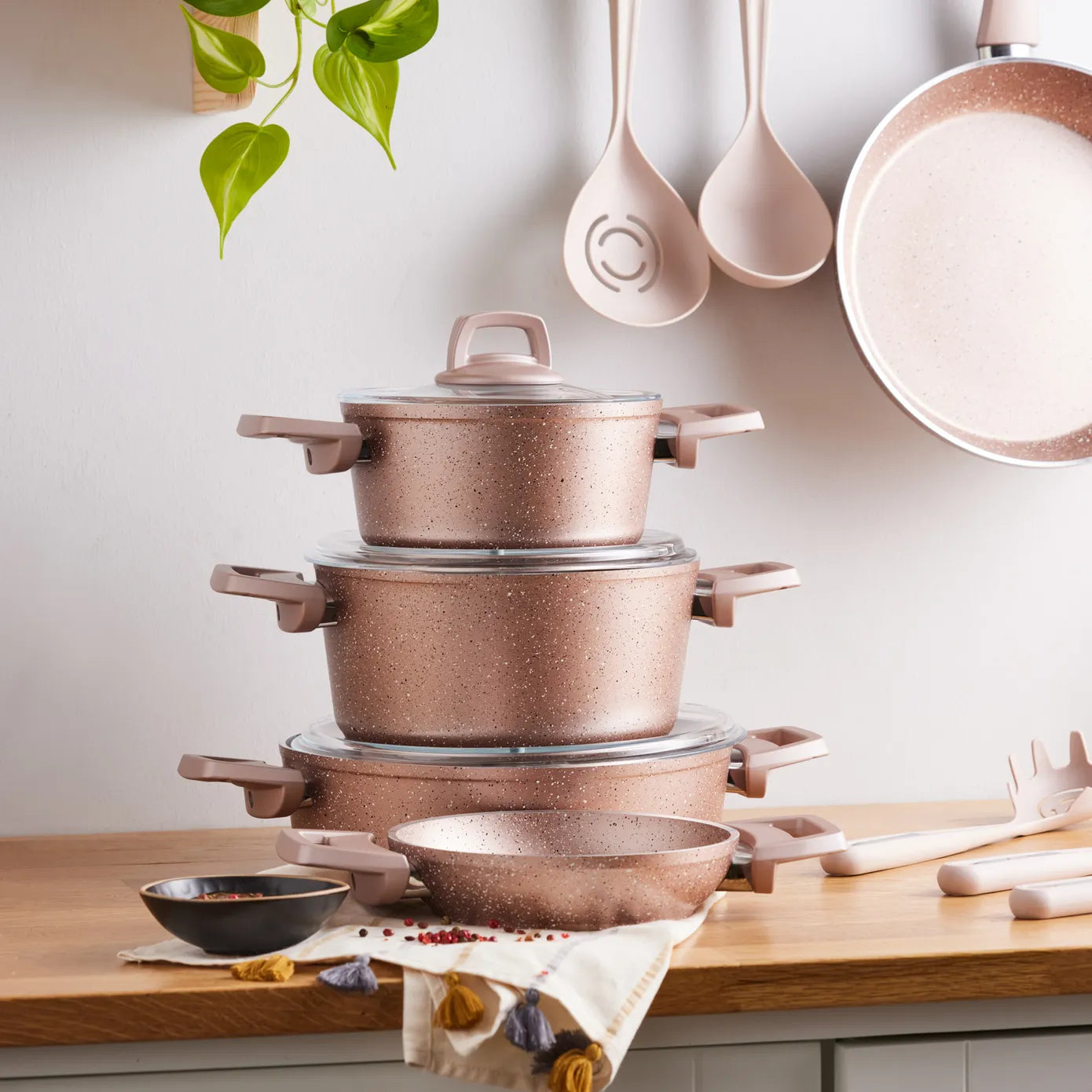 Karaca Rosegold Biogranite 13-Piece Induction Cookware Set with Kitche