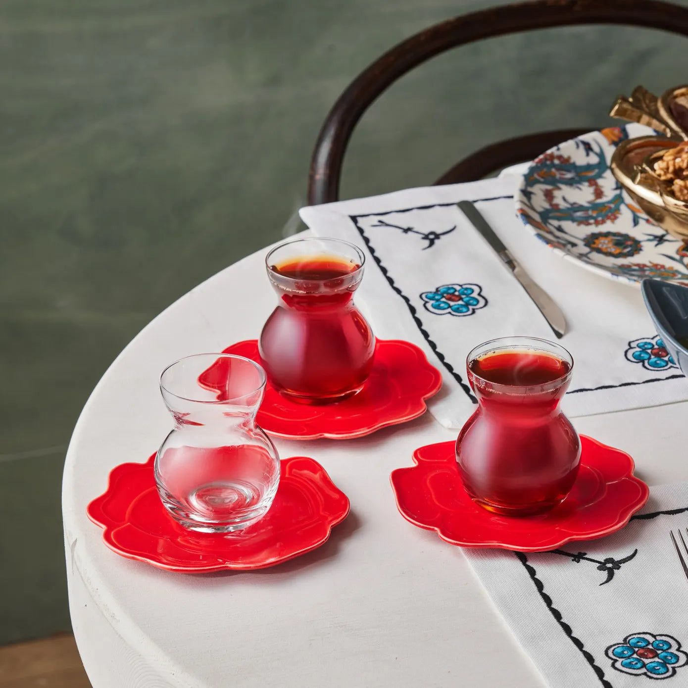 Karaca Flower Glass Turkish Tea Set for 6 People, 12 Piece, 160ml, Red