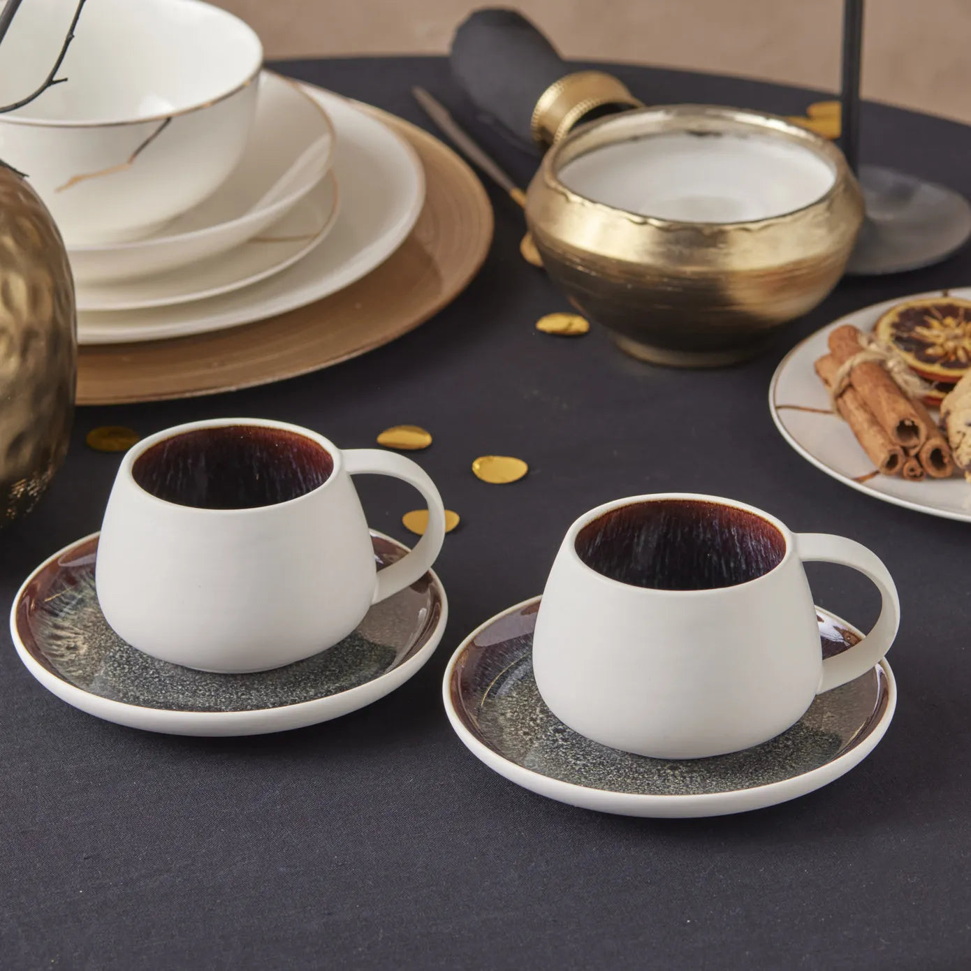Karaca New Galactic 4-Piece StonewareTea Cup and Saucer Set for 2 Peop