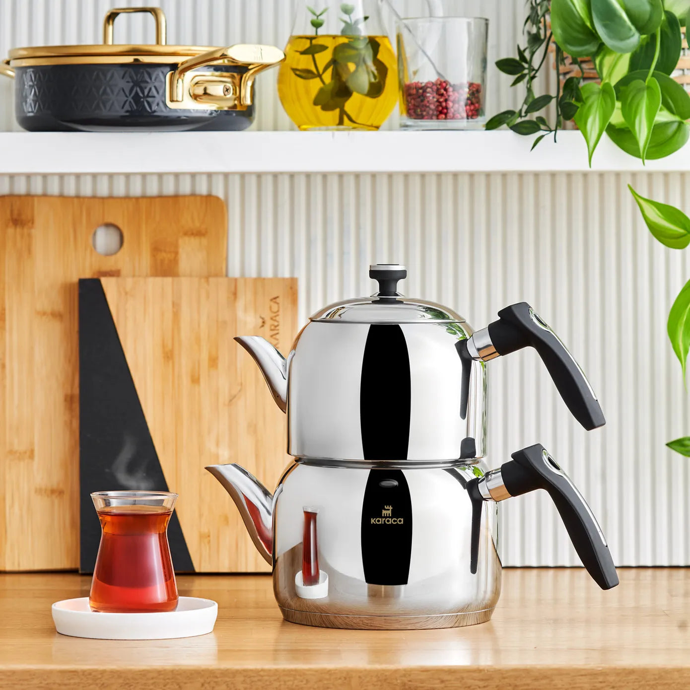 Karaca Stainless Steel Induction Teapot Set, Small, Silver Black