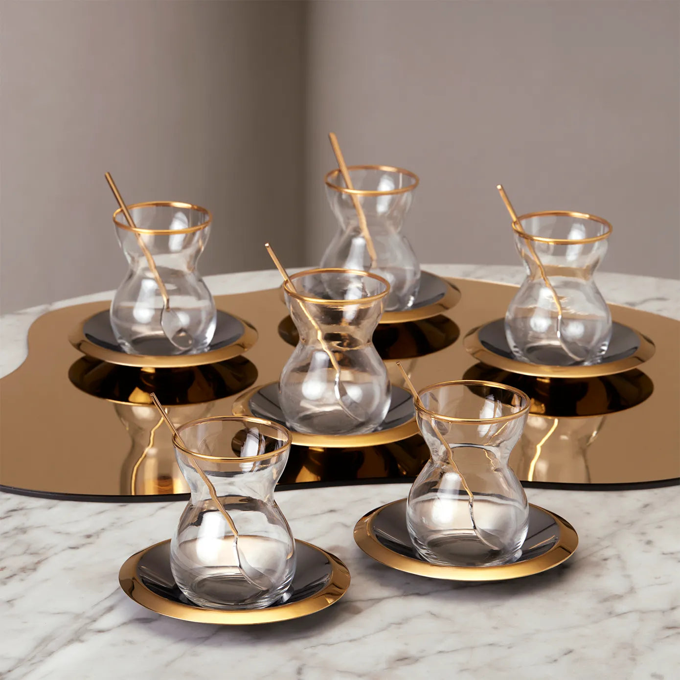 Karaca Laçin 18 Piece Glass Turkish Tea Set for 6 People, 120ml, Gold