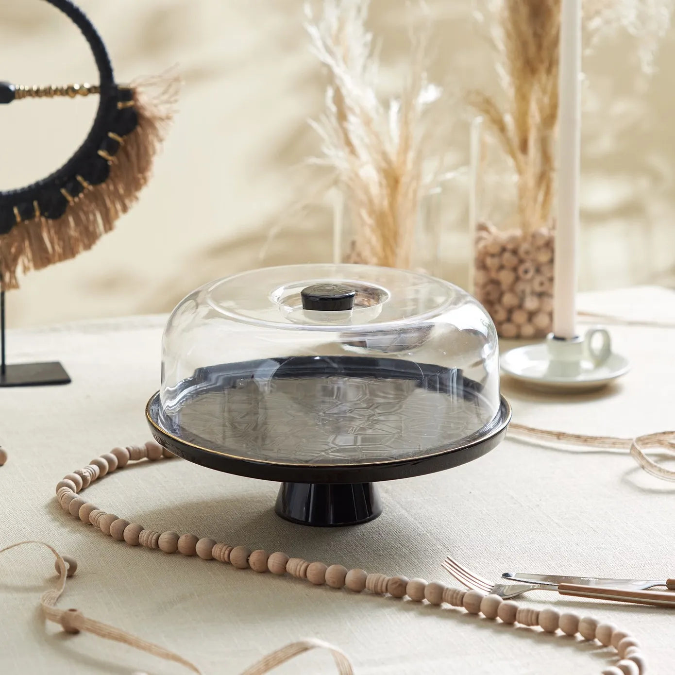 Karaca Calvin Ceramic Cake Dome with Stand, 28cm, Black Multi