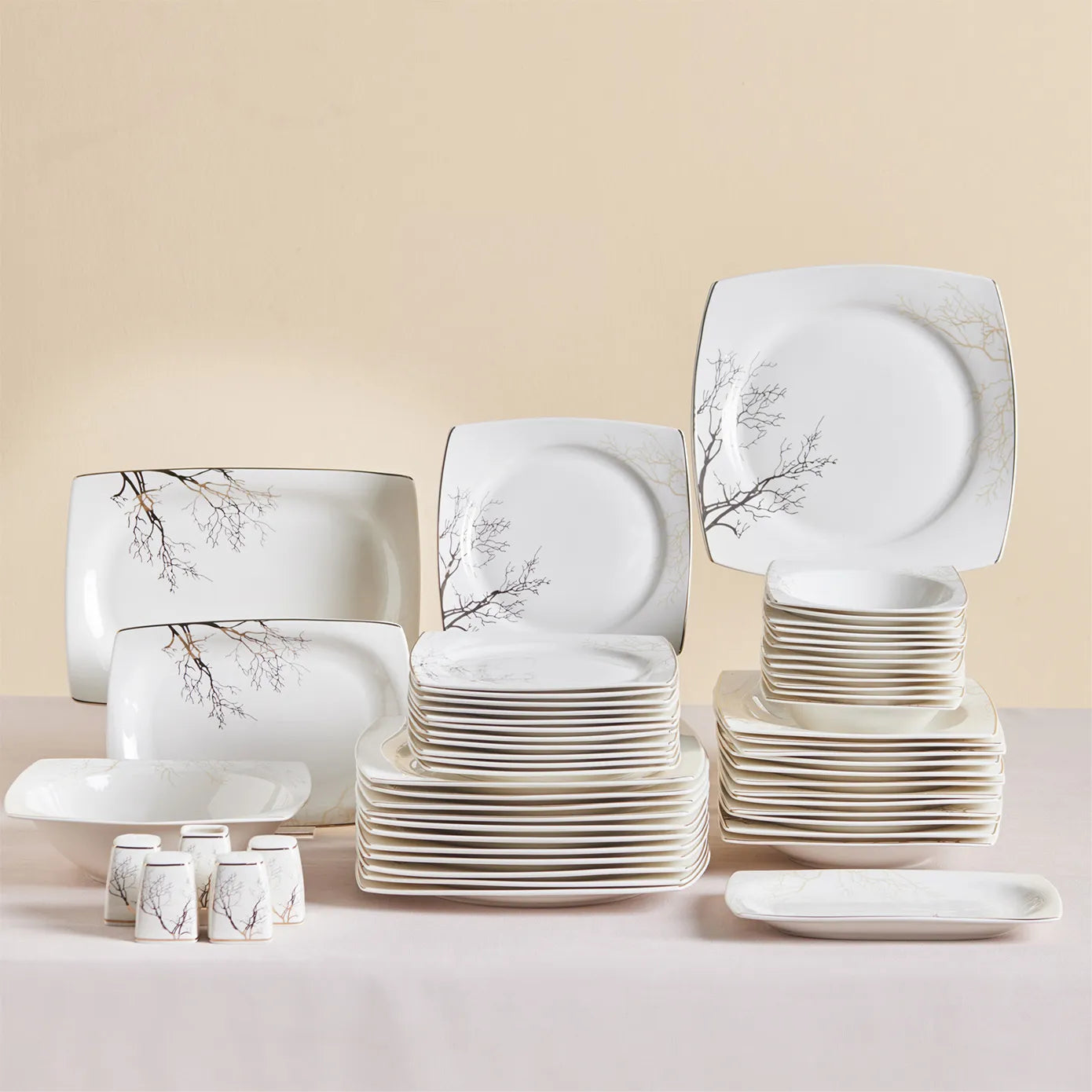 Karaca Square Bone China Autumn 57-Piece Dinner Set for 12 People, Whi