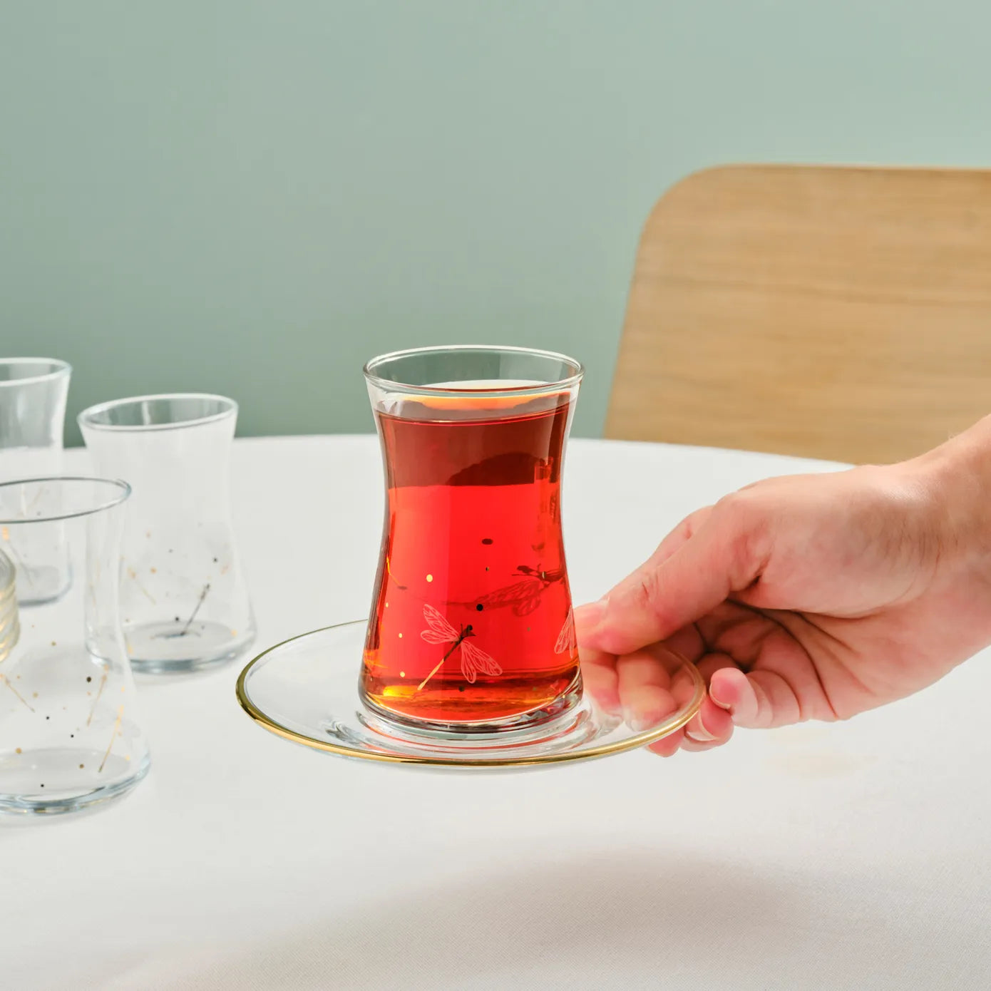 Karaca Yusufçuk 12-Piece Glass Turkish Tea Set for 6 People, 170ml, Go