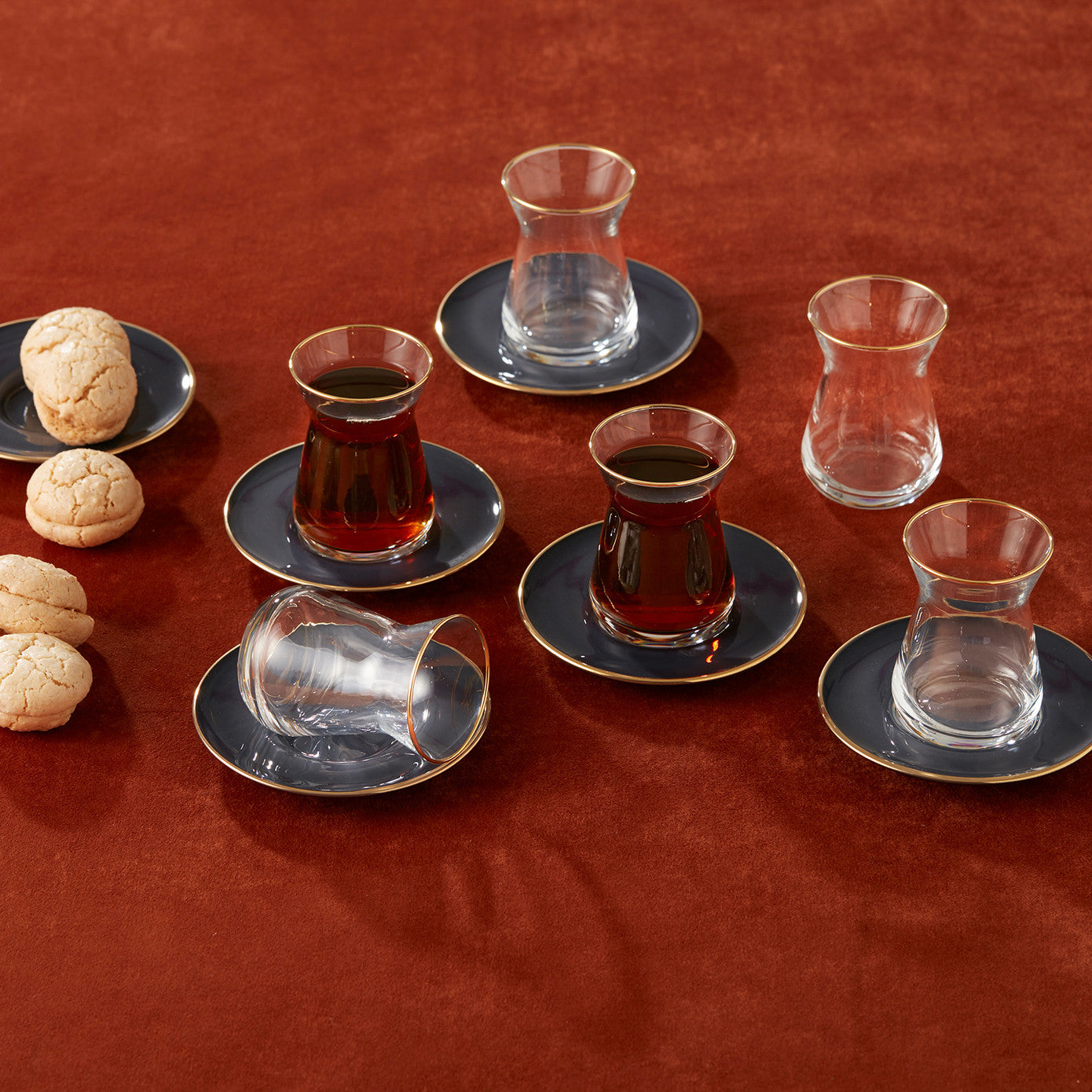 Karaca Retro 12-Piece Glass Turkish Tea Set for 6 People, 132ml, Anthr